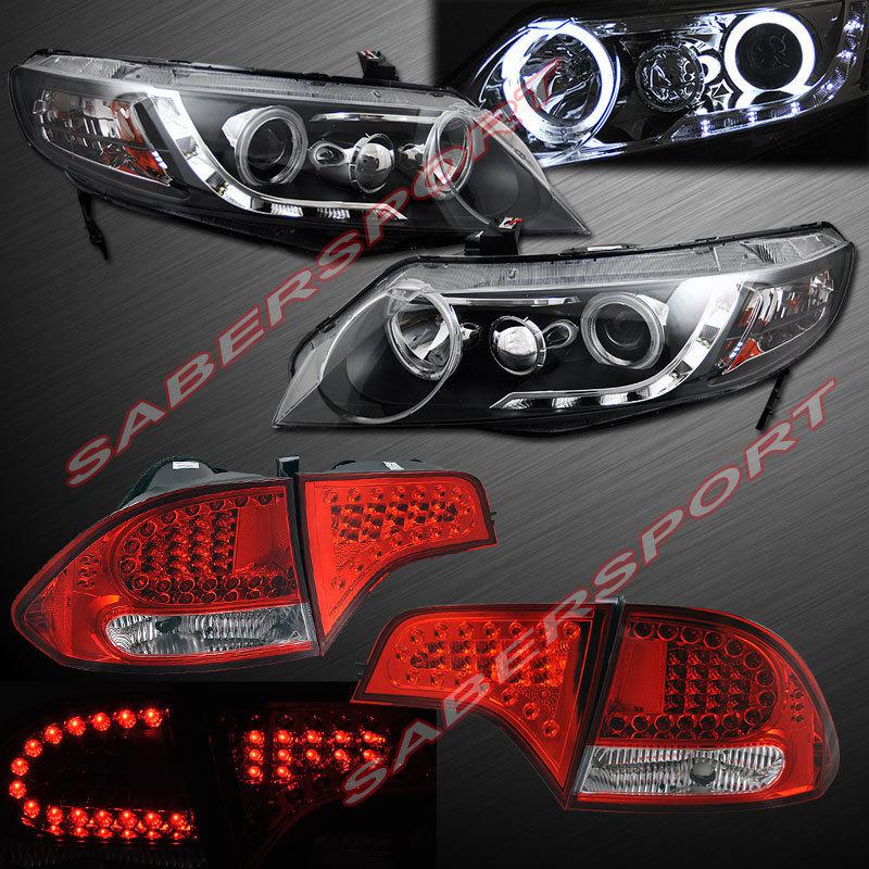 Purchase 06-11 HONDA CIVIC 4DR CCFL HALO PROJECTOR HEADLIGHTS w/ LED + TAIL LIGHTS RED in Walnut ...