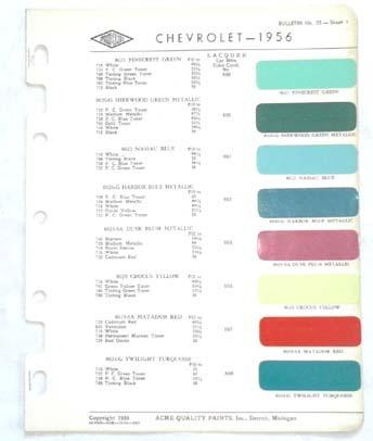 Purchase 1956 CHEVROLET ACME PROXLIN COLOR PAINT CHIP CHART ALL MODELS ...