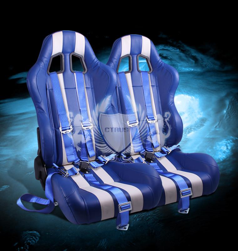 Buy 2x JDM F1 Blue/White Stripe PVC/Vinyl Racing Seats w/Sliders + 5-PT ...