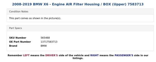 Find 2008-2019 BMW X6 - Engine AIR Filter Housing / BOX (Upper) 7583713 ...