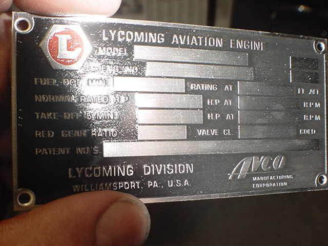 Sell Lycoming AVCO Aircraft Engine Data Plate etched in stainless steel ...