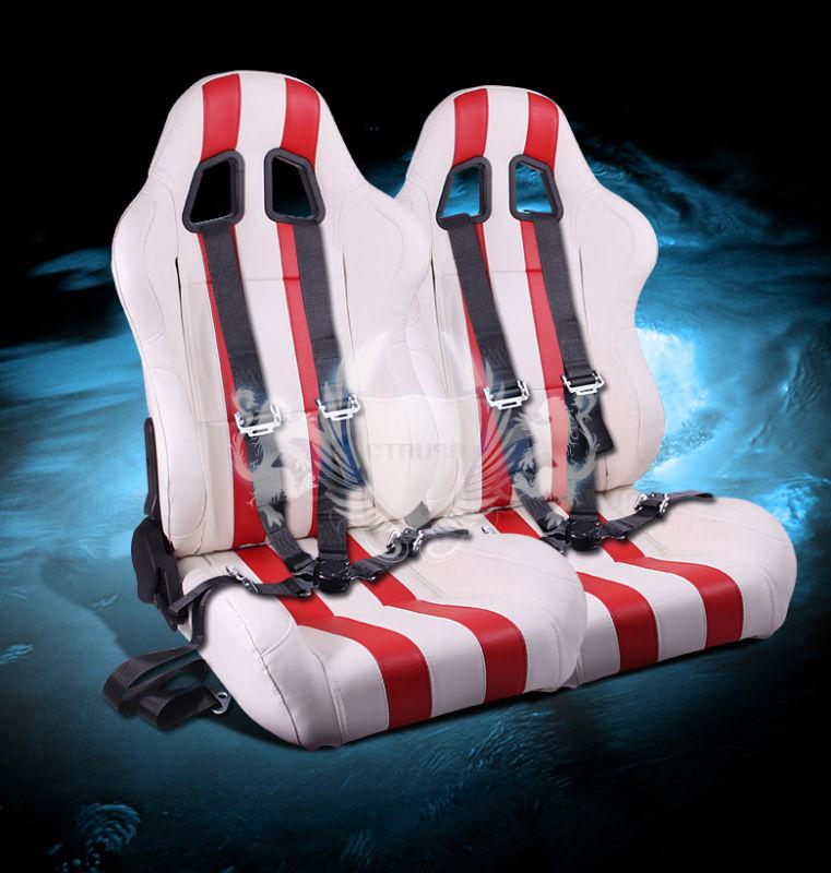 Buy 2x JDM F1 White/Red Stripe PVC Racing Seats w/Sliders + 4-PT BLK ...