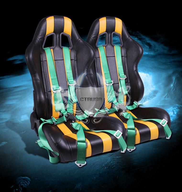 Sell 2x BLK/Yellow Stripe PVC/Vinyl Leather Racing Bucket Seats+6-PT ...