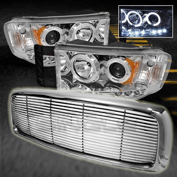 Sell 02-05 RAM CHROME HALO PROJECTOR LED HEADLIGHTS+CHROME FRONT HOOD ...