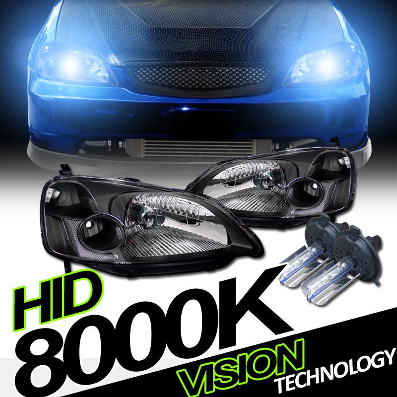 Find 01-03 Civic 2D/4D JDM Black Housing Headlights Headlamps Pair+H4 8000K Xenon HID in Mira ...
