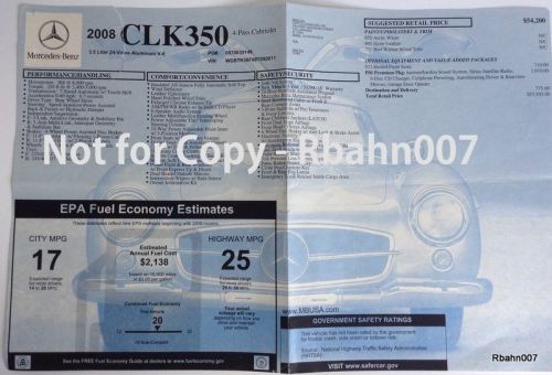 Purchase 2008 Mercedes Benz CLK 350 Original Window Sticker Dealer ...