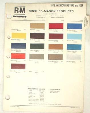 Find 1978 AMC R-M COLOR PAINT CHIP CHART JEEP PACER MATADOR GREMLIN ...