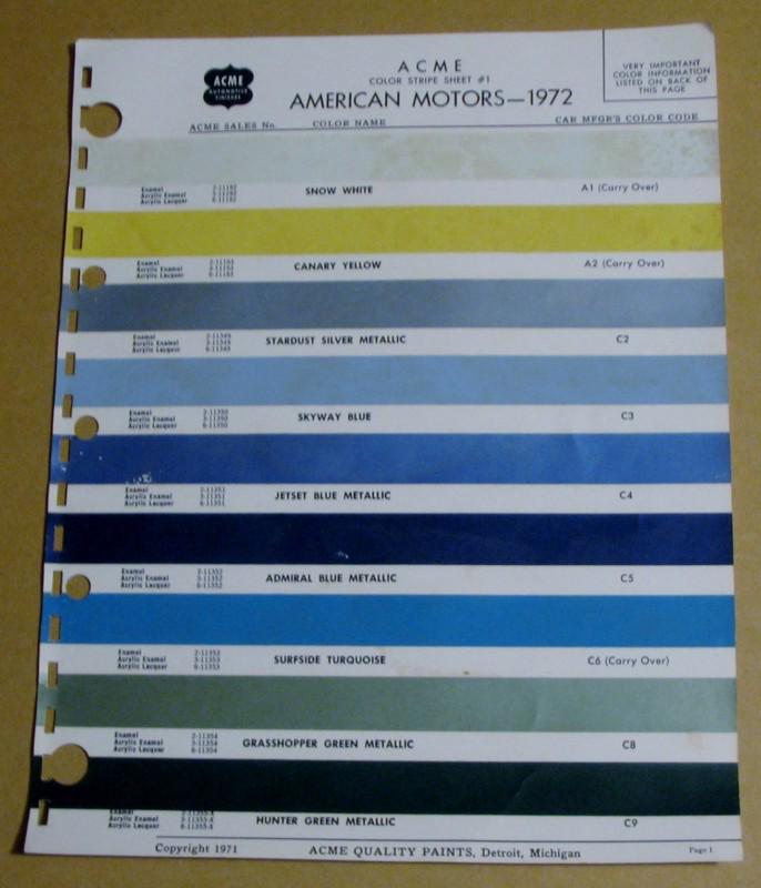 Buy American Motors 1972 Paint Chip Color Stripe Sheet Sample Chart in ...