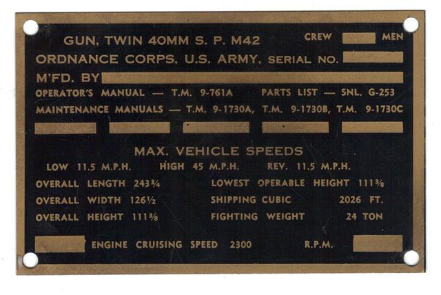 Find Military vehicle M42 duster tank data plate in Redwood City ...